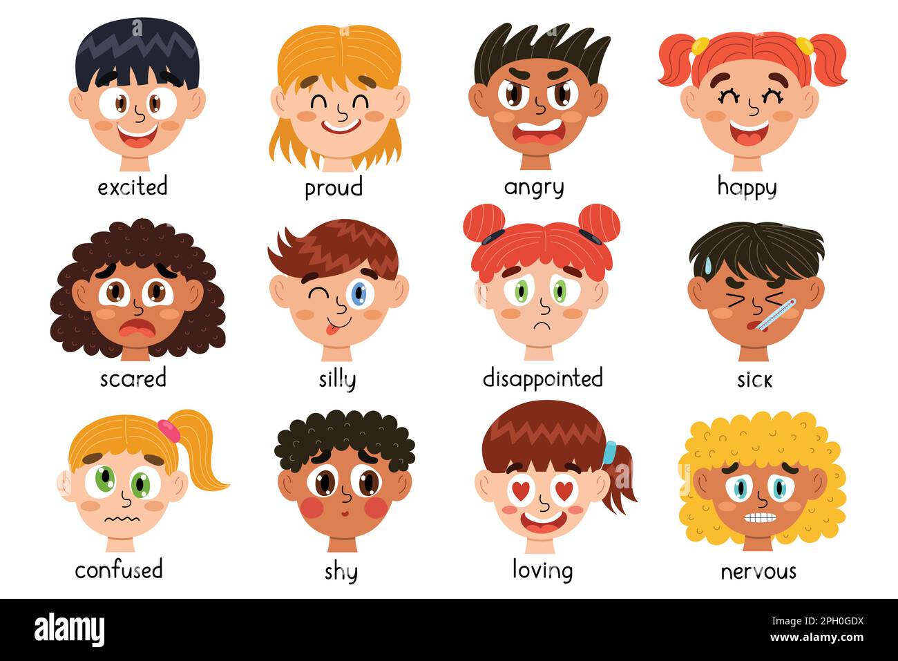 Cute kids emotions faces collection. Different emotional expressions of children bundle Stock ...