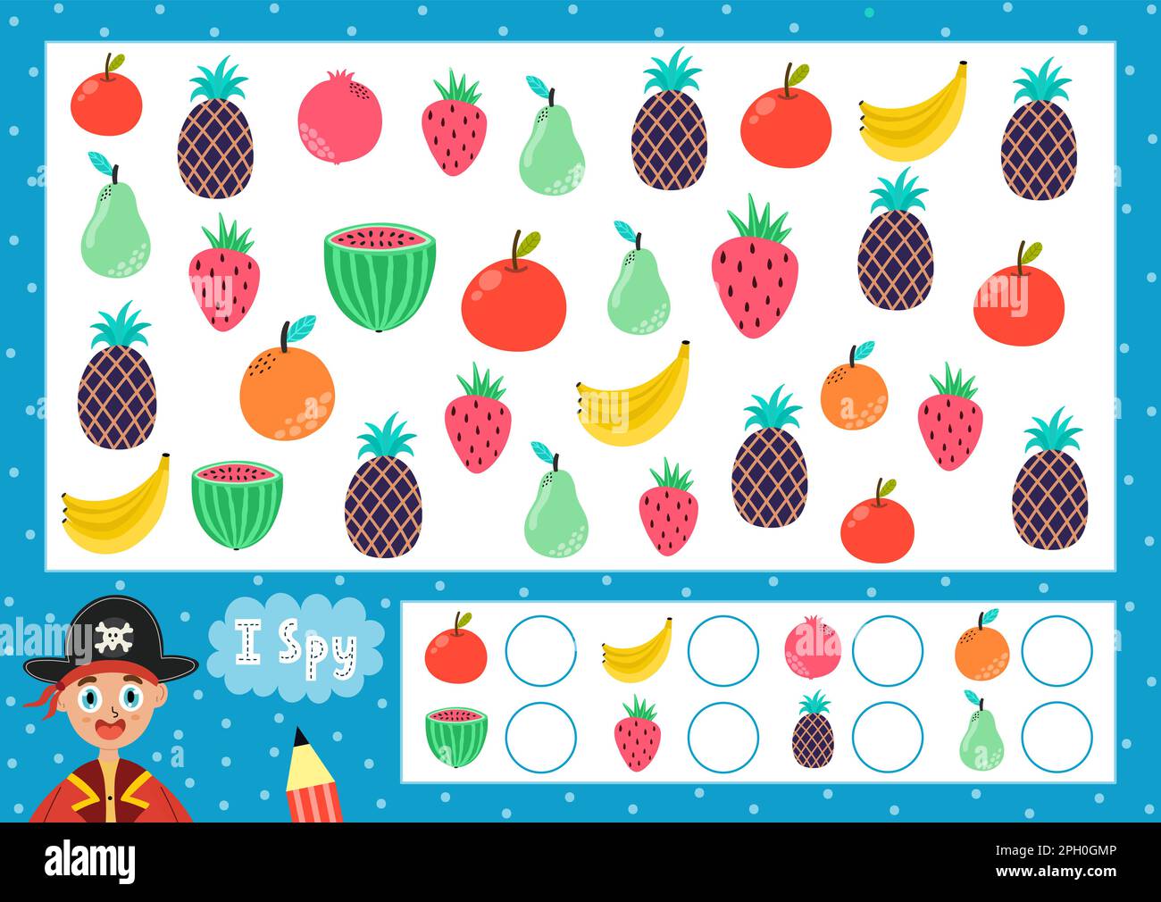 I spy game for kids. Find and count fruits. Search the same bird puzzle ...