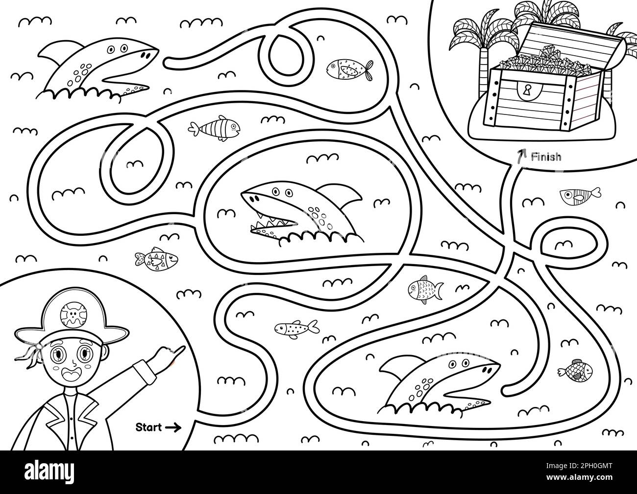 Black and white maze game for kids. Help the pirate find the way to the ...