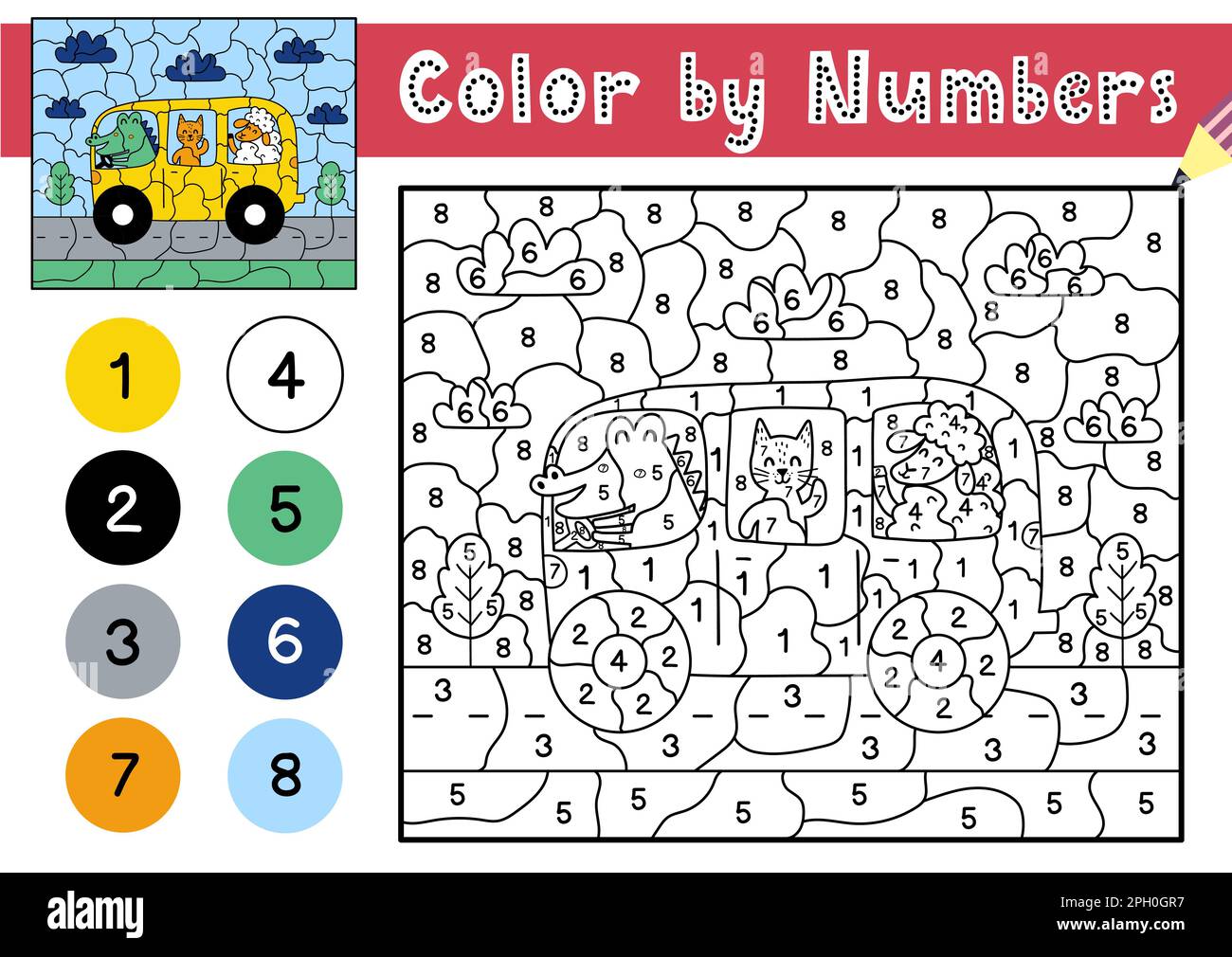 Color by numbers game for kids. Coloring page with cute crocodile, cat ...