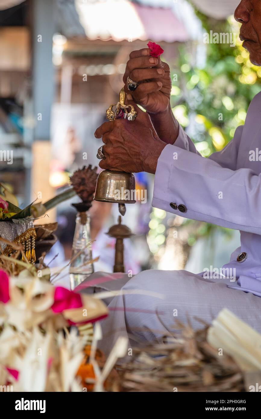 Balinese Hindu priest pemangku dressed in white holding a bell ...