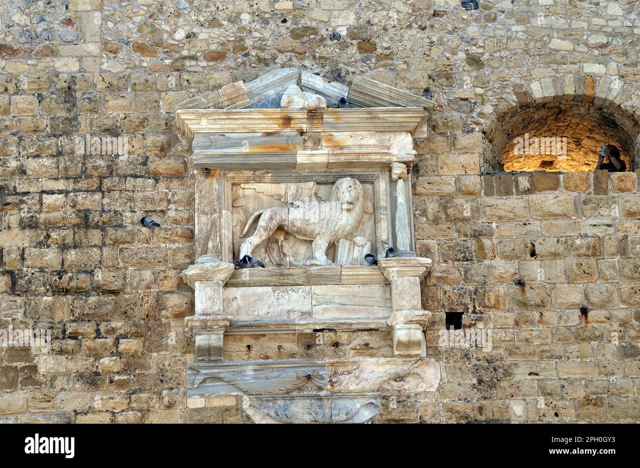 Greece, old Venetian Fortress Koules with stone lion in Iraklio ...