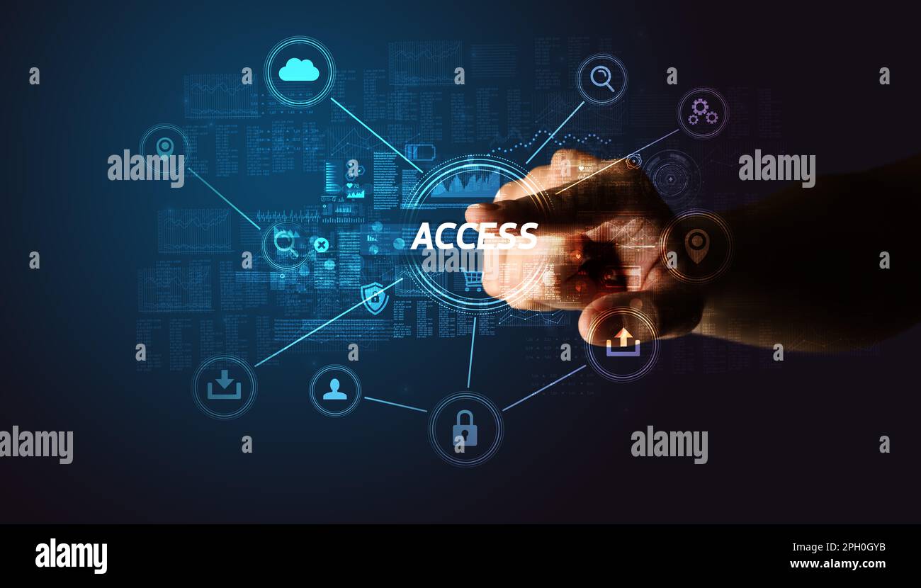 Hand touching cybersecurity button concept Stock Photo - Alamy