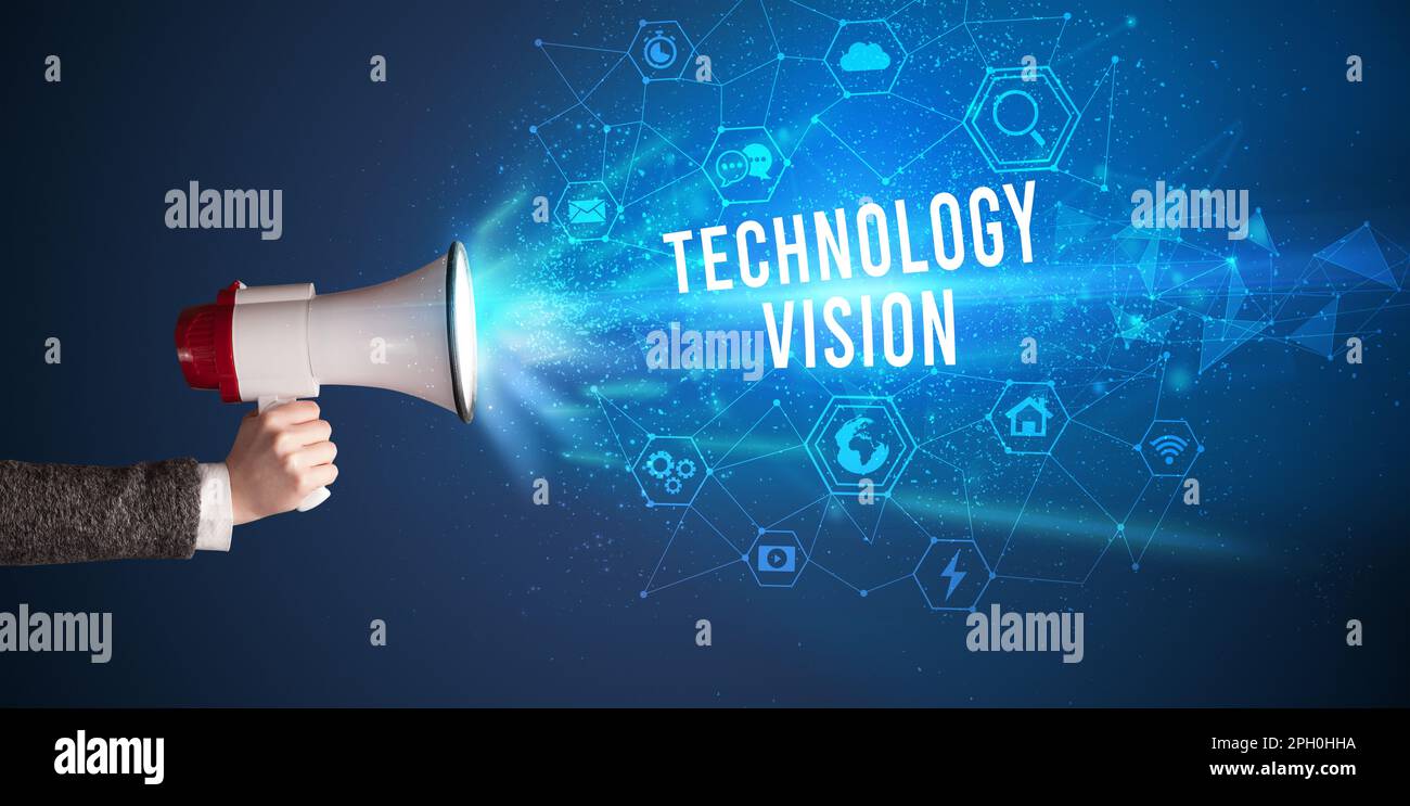 Young woman shouting in megaphone, technology announcement concept ...