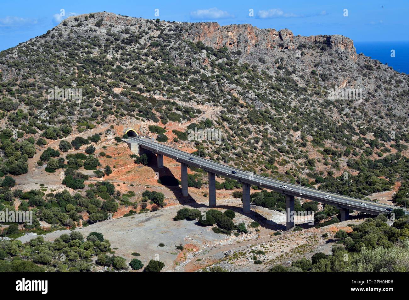 Greece, highway E75 with valley crossing and tunnel in Crete Stock ...