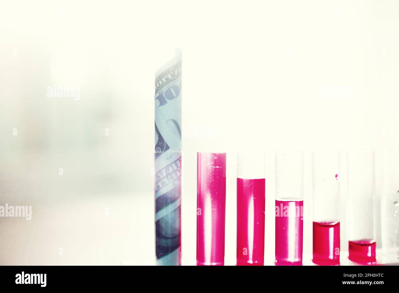 Test tube with blue liquid on laboratory table. Examination of liquid ...