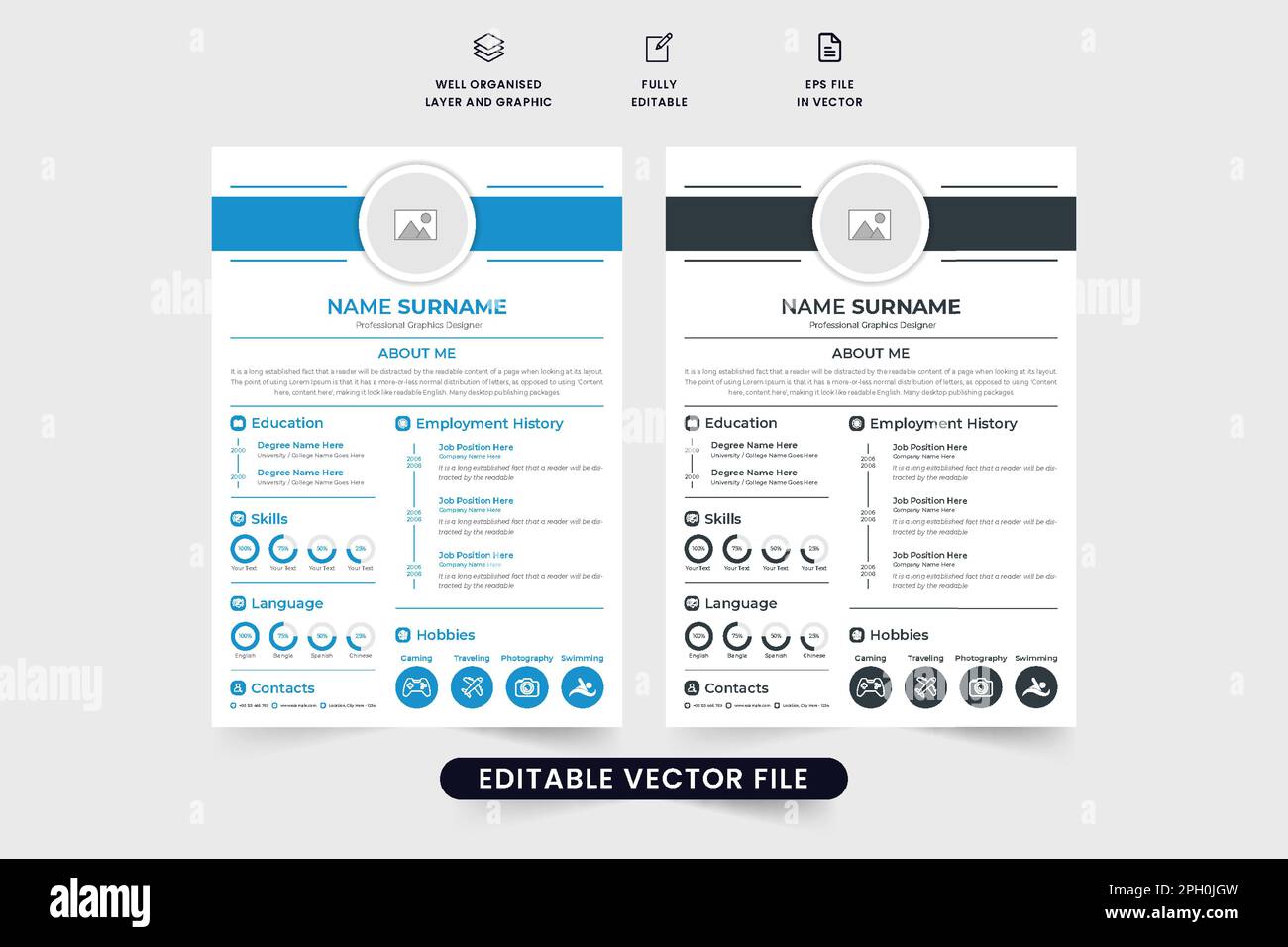 Minimalist resume and CV template vector with photo placeholders. Creative resume layout design ...