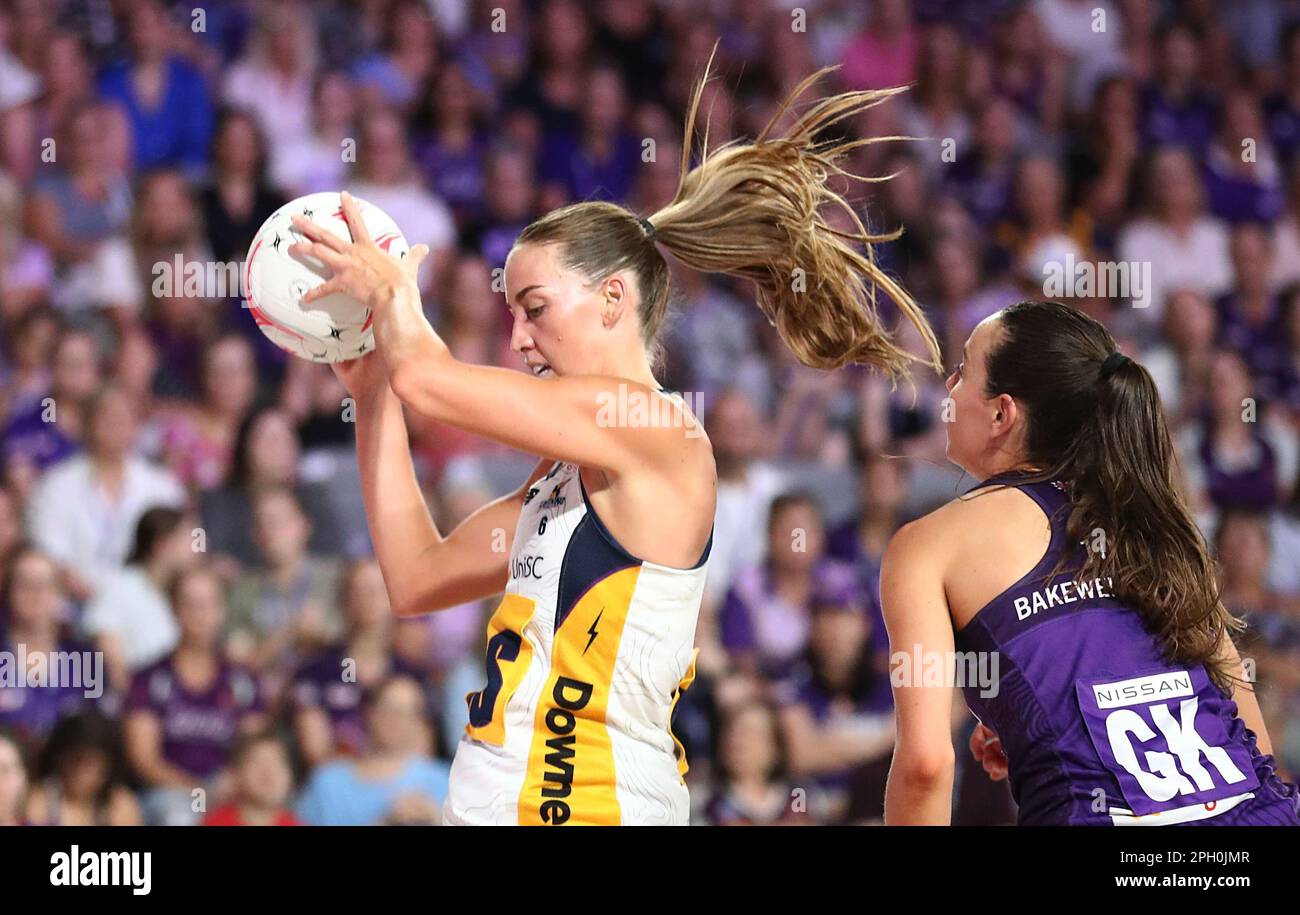 Cara Koenen of the Lightning in action during the Super Netball Round 2 ...
