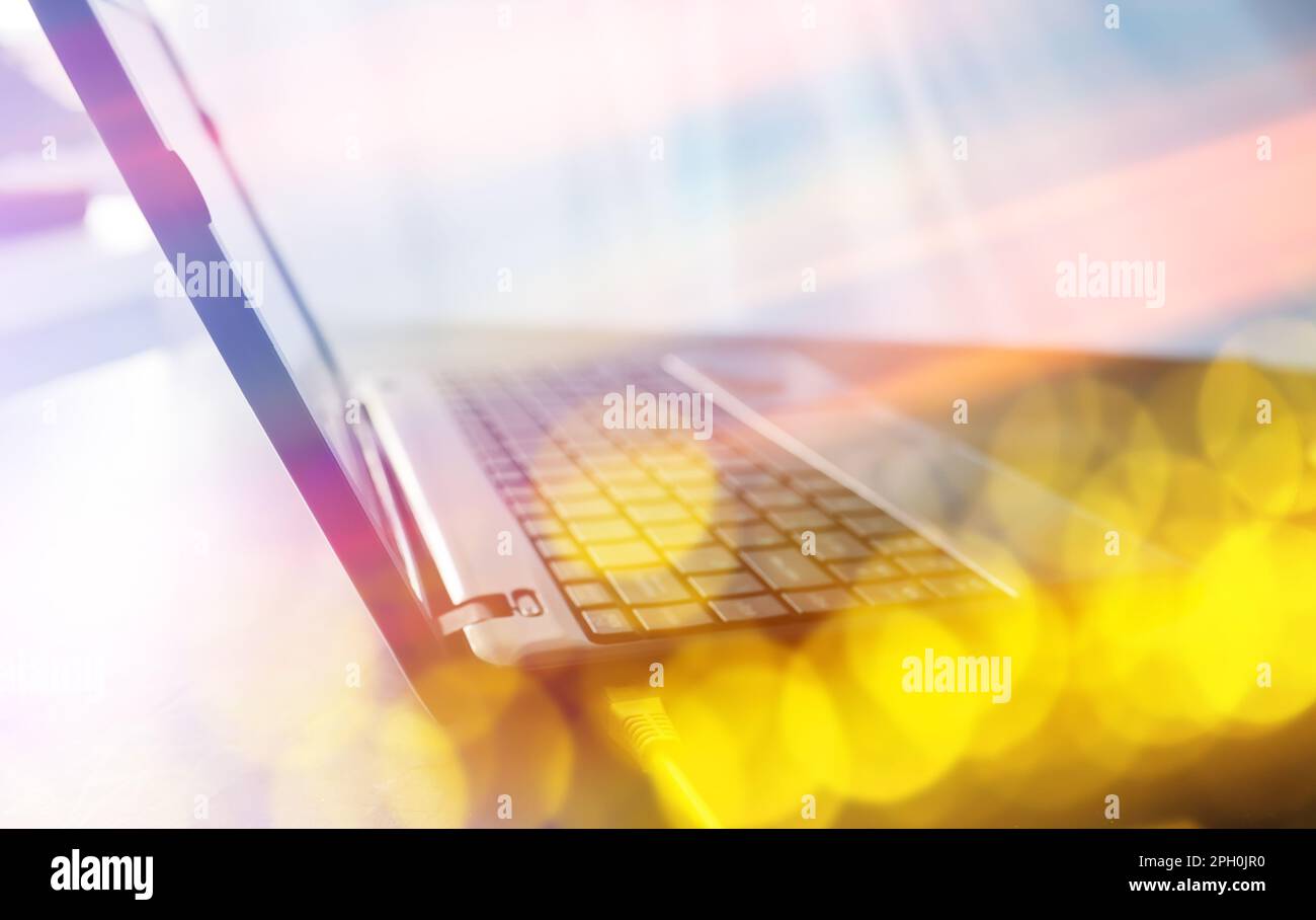 Information Technology. Laptop connected to Internet. Information war ...