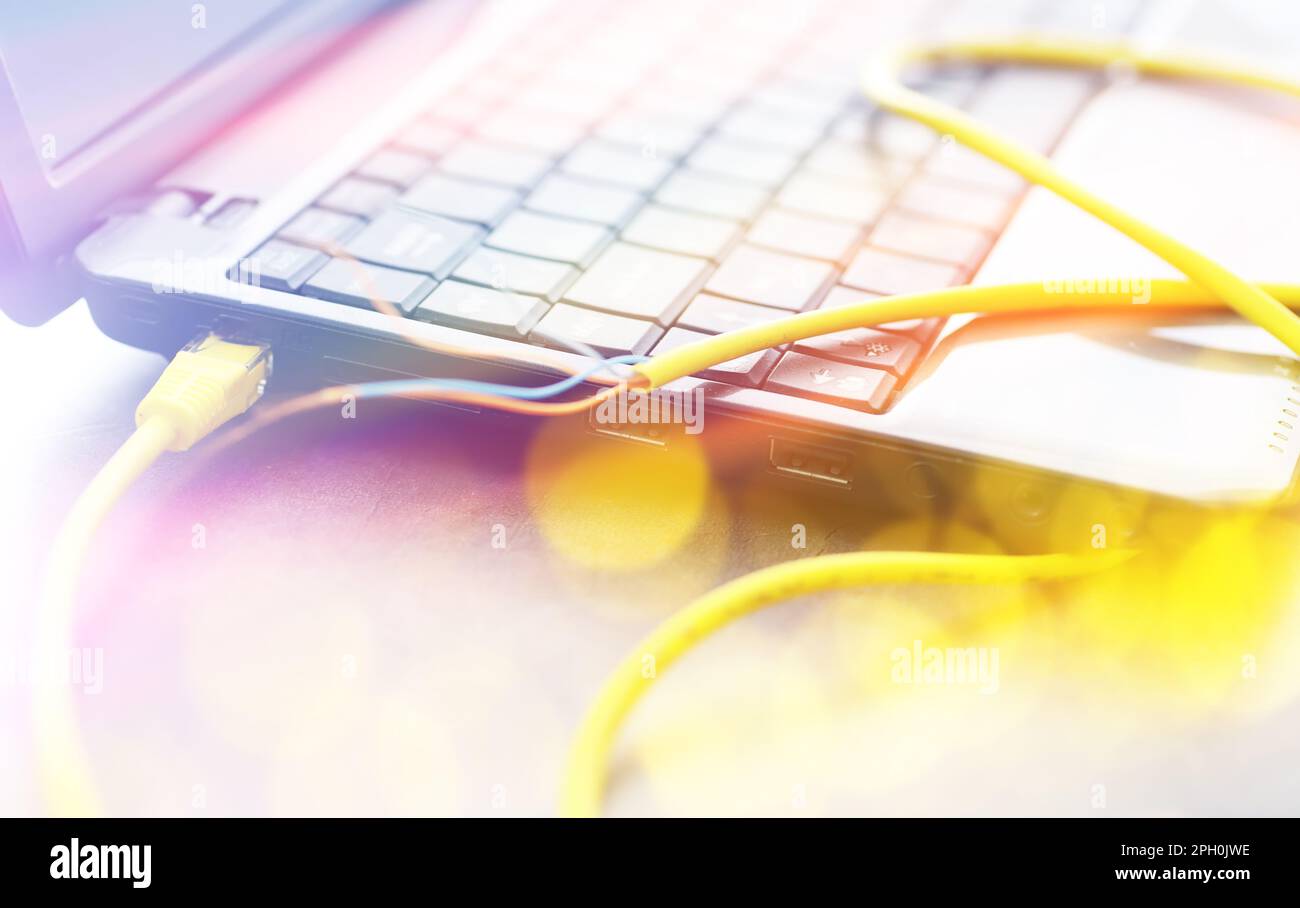 Information Technology. Laptop connected to Internet. Information war ...