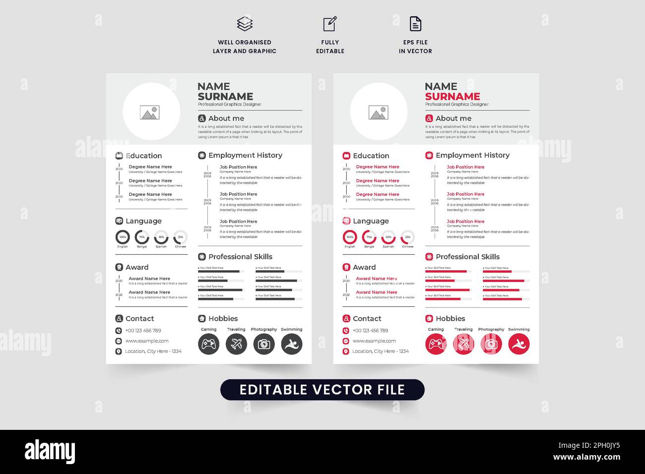 Company intern resume template vector with employee activities and skills. Modern resume ...