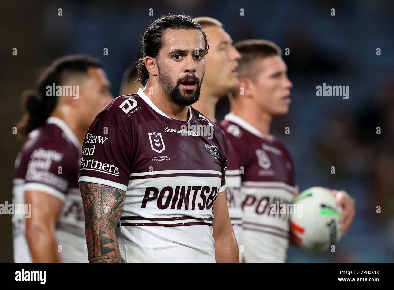 Josh Aloiai of the Sea Eagles reacts during the NRL Round 4 match ...