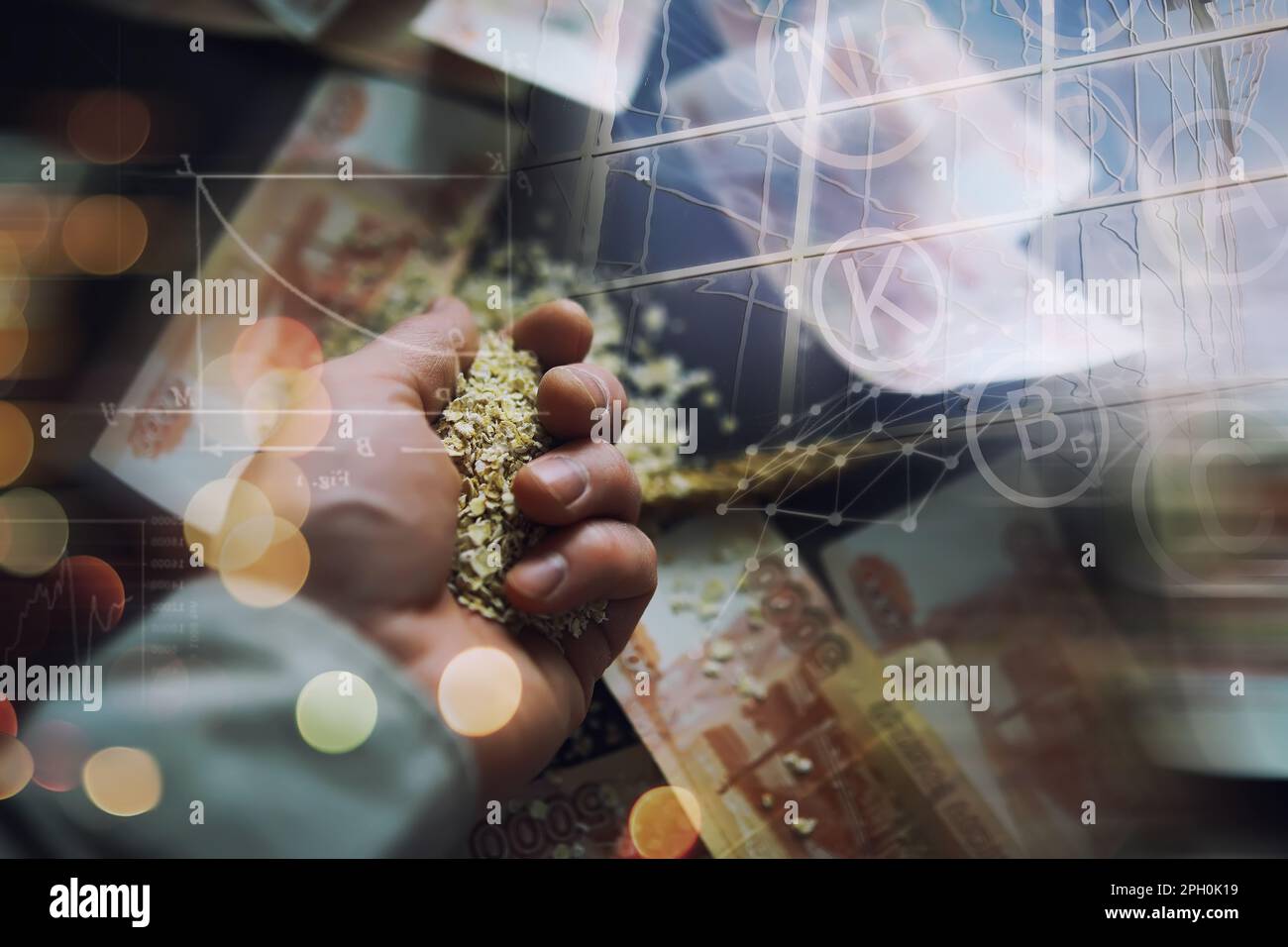 The concept of the cost of grain. 5000 ruble banknotes around a handful ...
