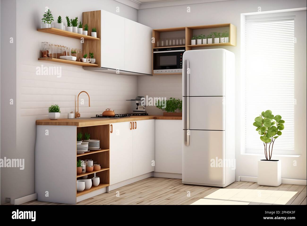 Modern wood and concrete kitchen interior with empty mock up place on ...