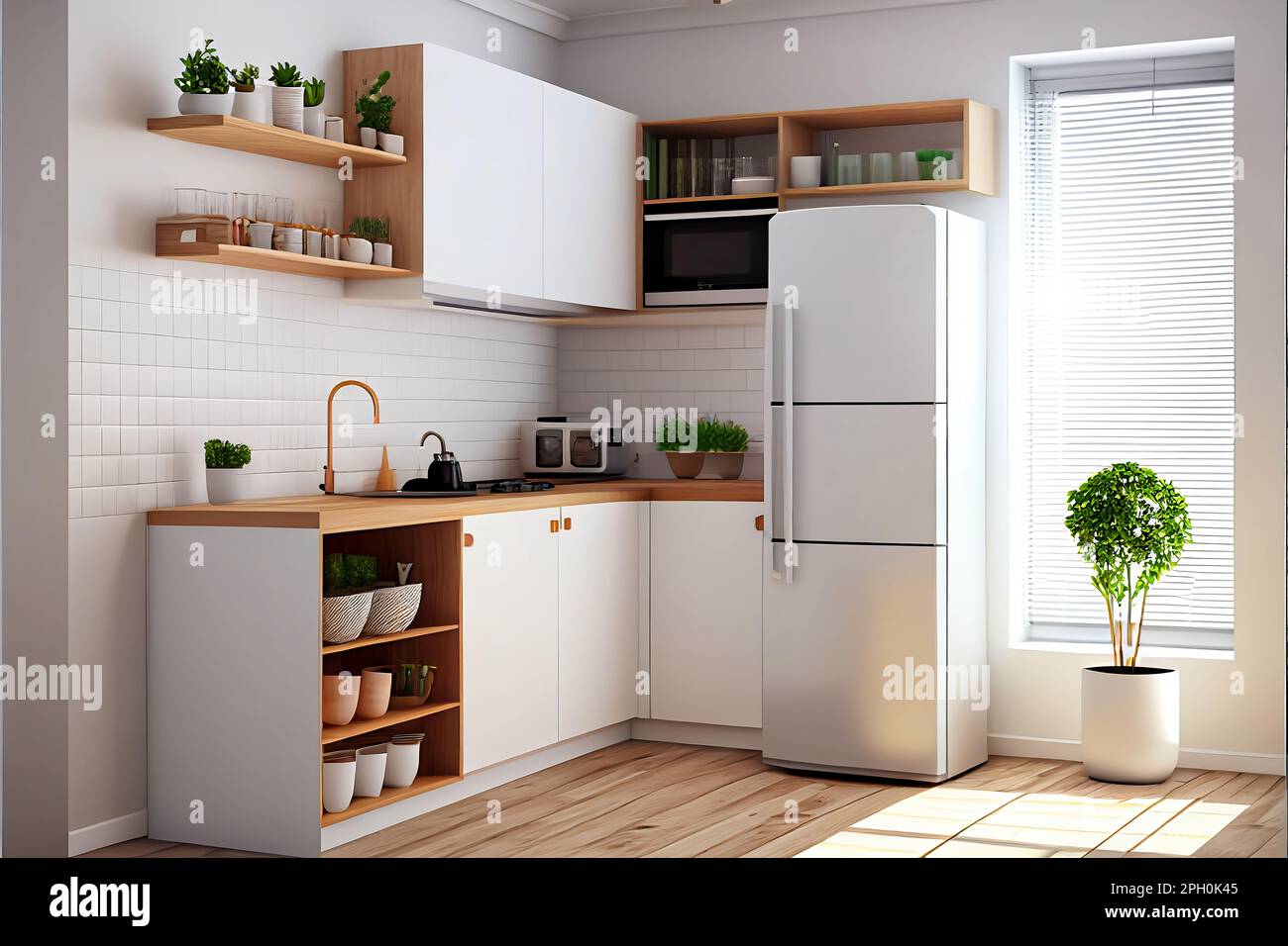 Modern wood and concrete kitchen interior with empty mock up place on ...
