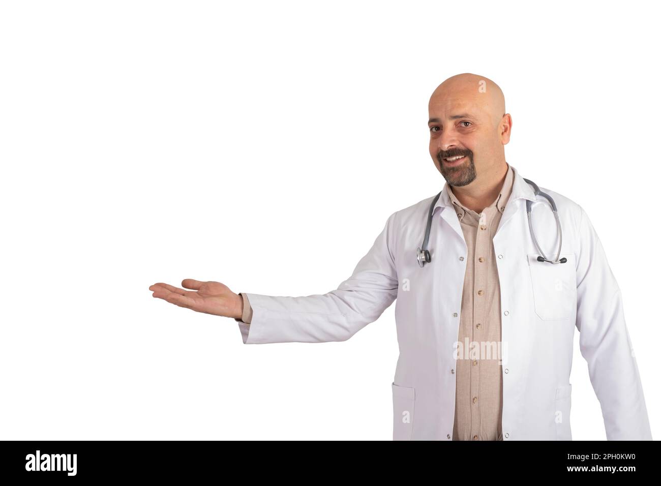 Doctor holding imaginary object, smiling friendly medical physician ...