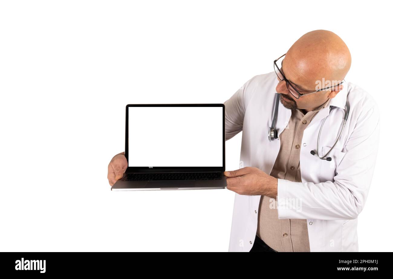 Caucasian bald doctor holding laptop. Isolated white background ...