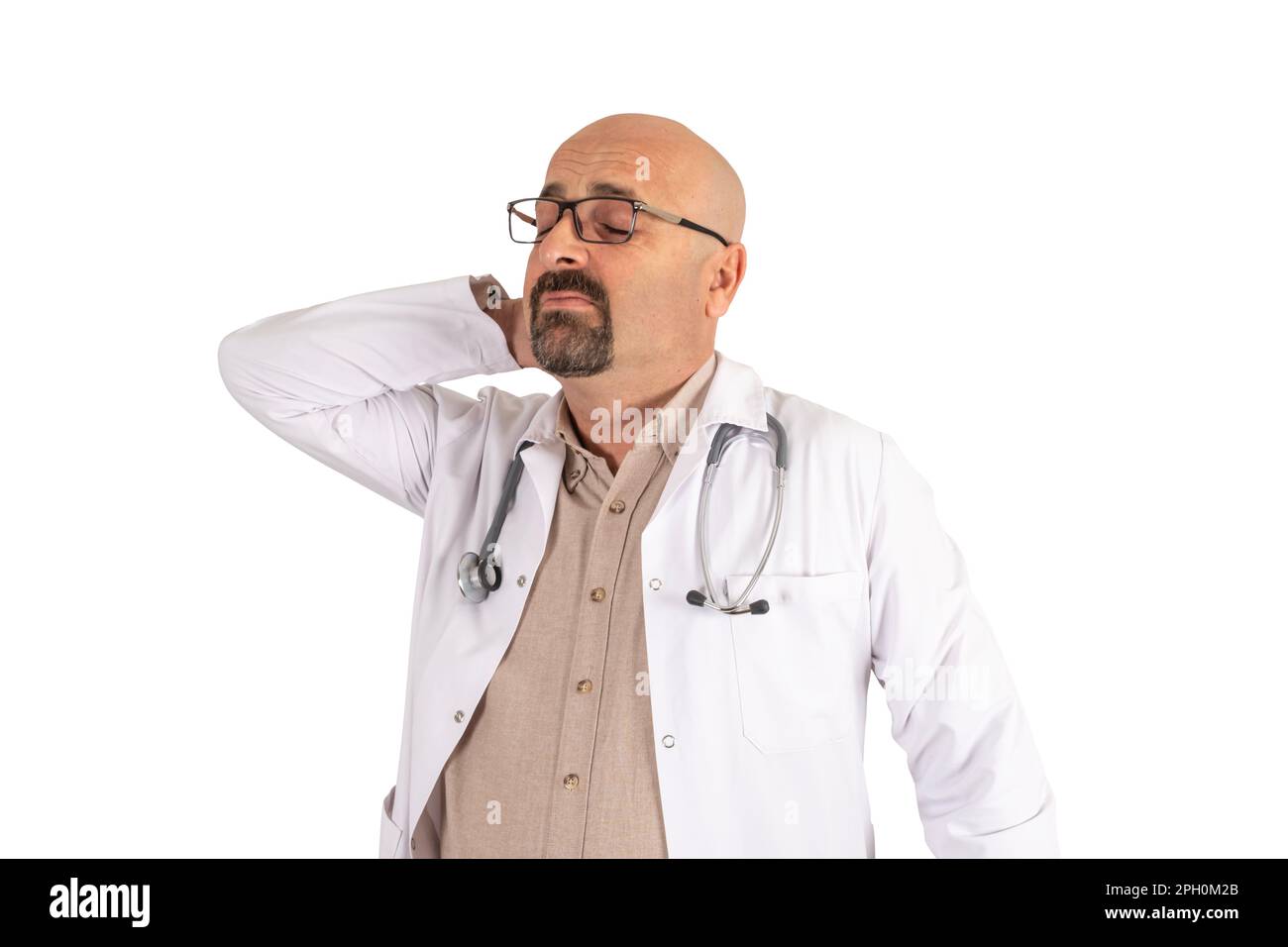 portrait of professional doctor suffering from neck pain. Muscle spasm ...