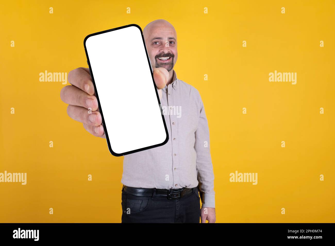 Man holding showing recommending smartphone advertisement. New mobile ...