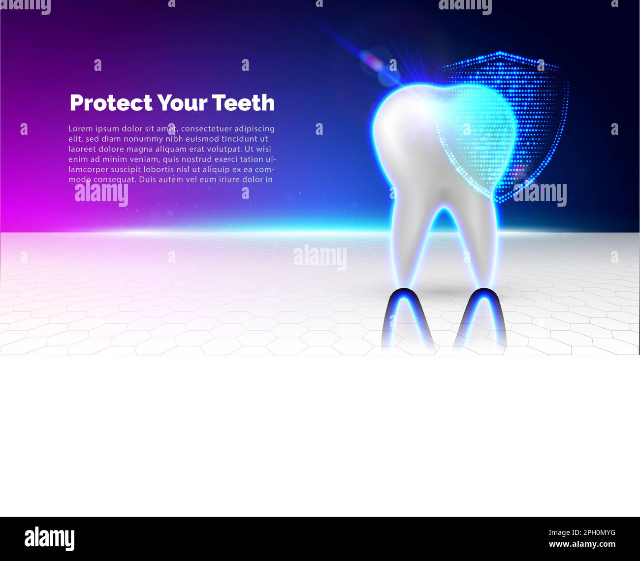 Teeth protection. White tooth protected by glowing digital shield ...