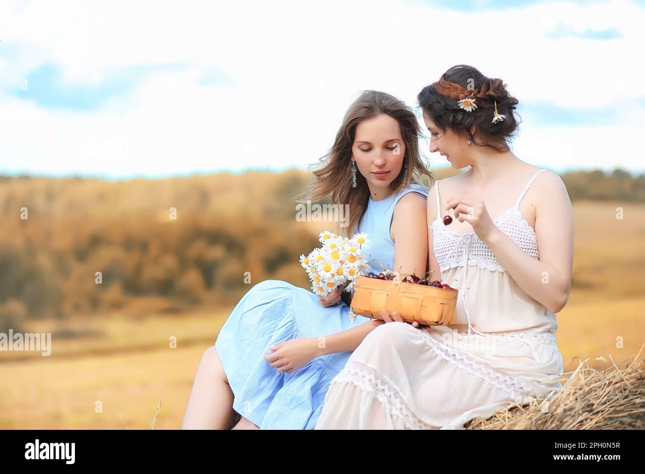 Two beautiful girls in dresses in autumn field with berries Stock Photo ...