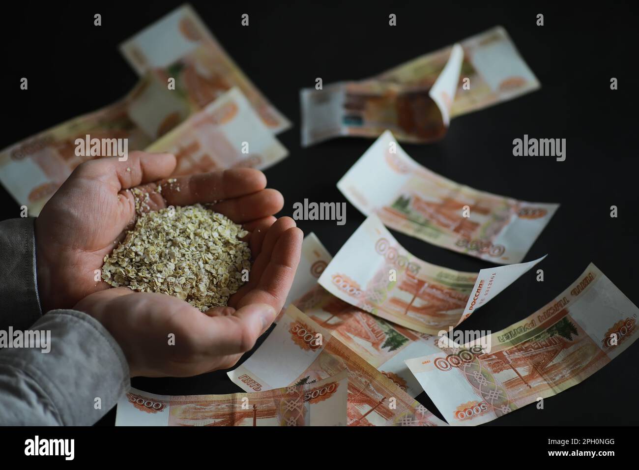 The concept of the cost of grain. 5000 ruble banknotes around a handful ...