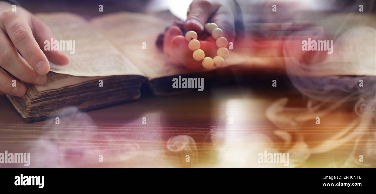 Reading religious literature. Open book. Man reads bible Koran Stock ...