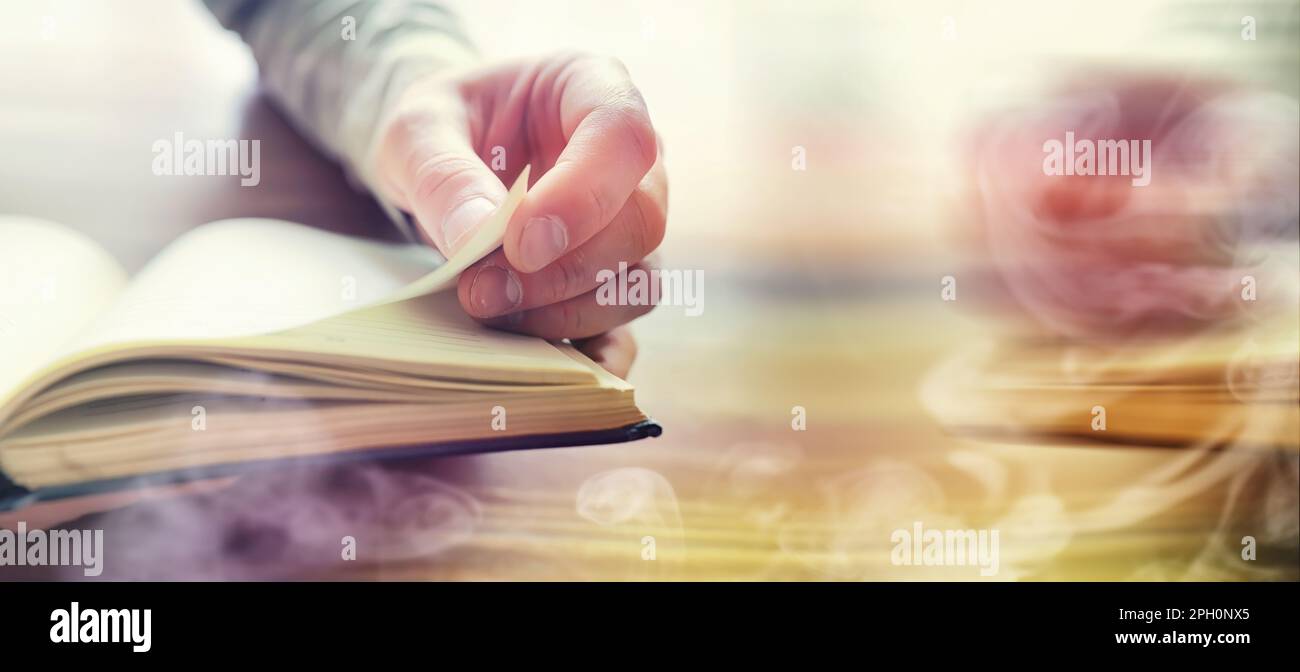 Reading religious literature. Open book. Man reads bible Koran Stock ...