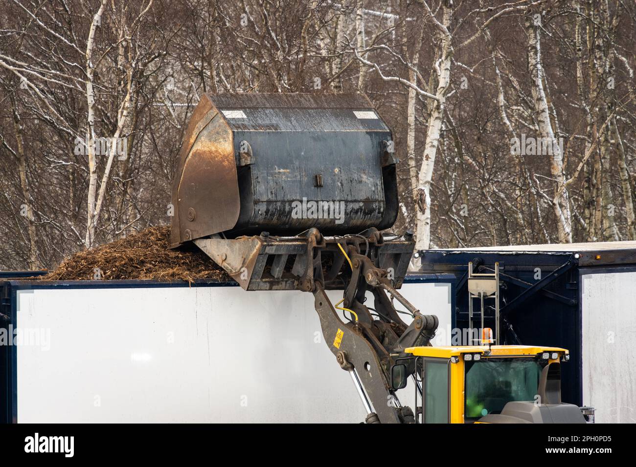 Gothenburg, Sweden - november 21 2022: Wheel loader loading wood chips ...