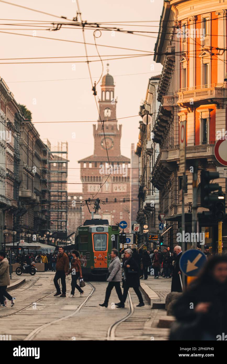 Milano, Italy - March 2023: Street life scenes near the old castle ...