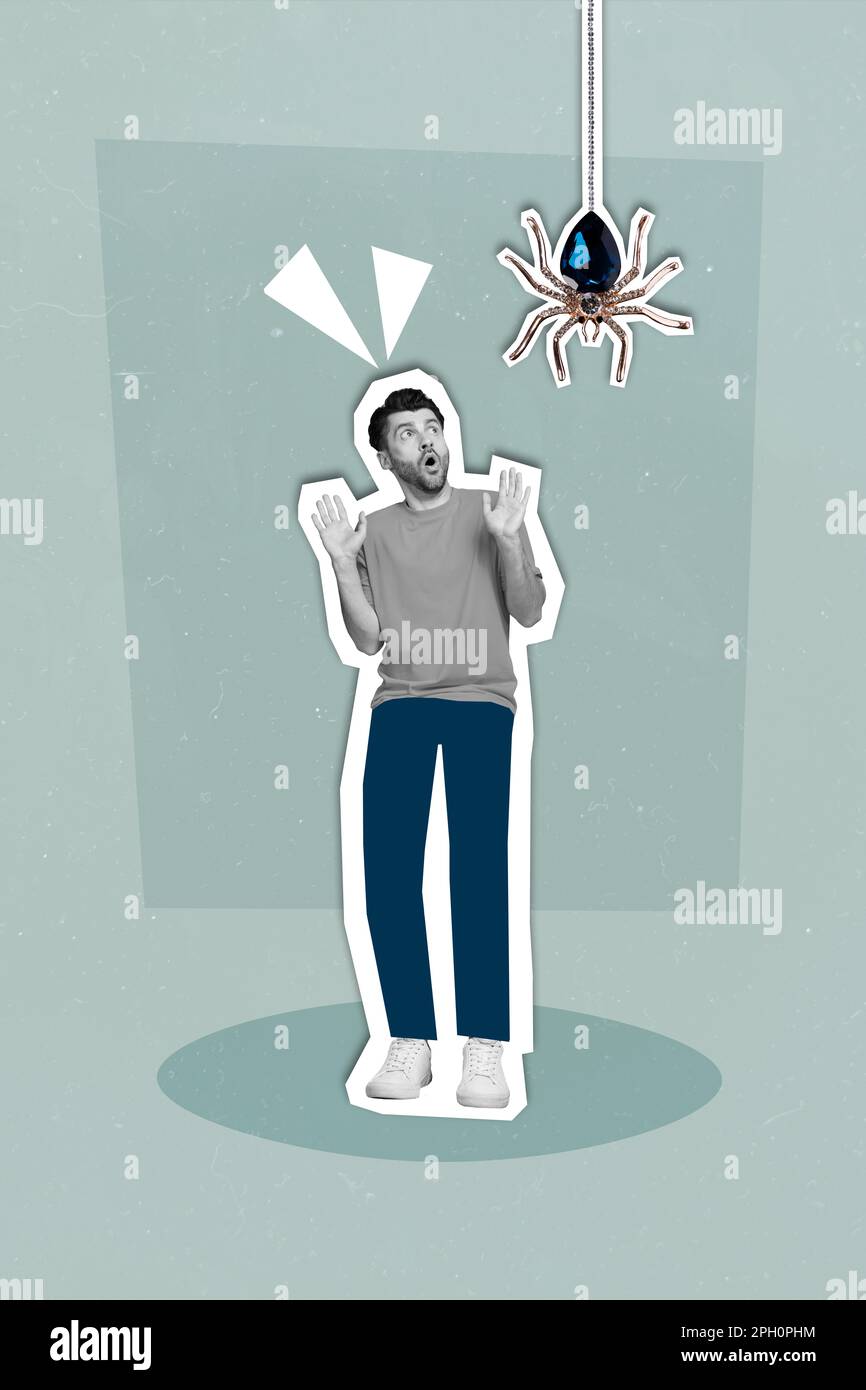 Creative magazine picture collage of scared young person see hanging ...