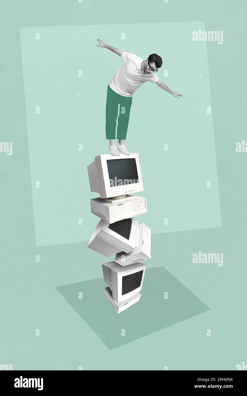 Creative poster magazine collage of impressed businessman standing high ...