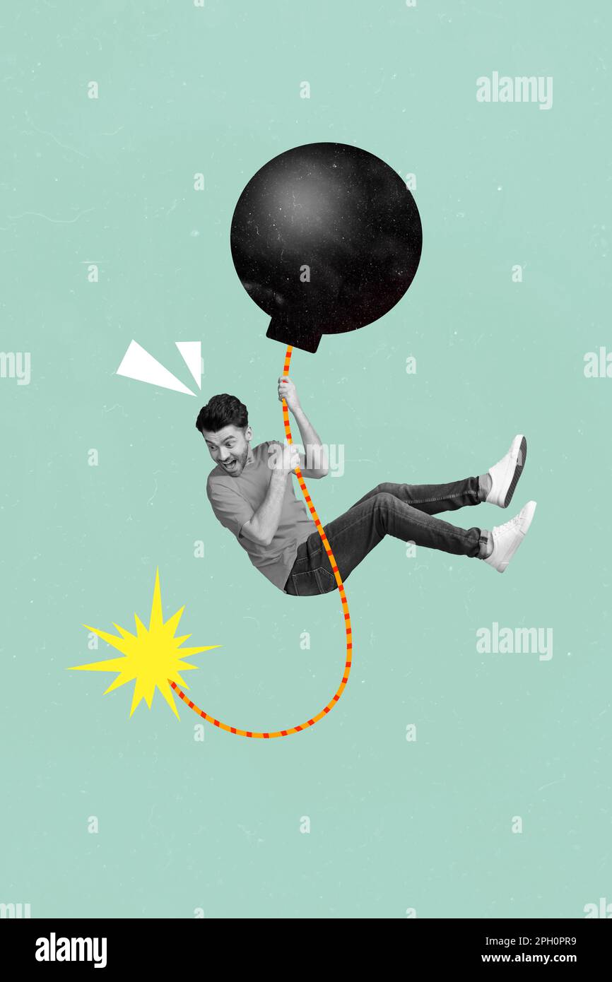 Creative picture collage of scared young guy hand wick rope burning ...