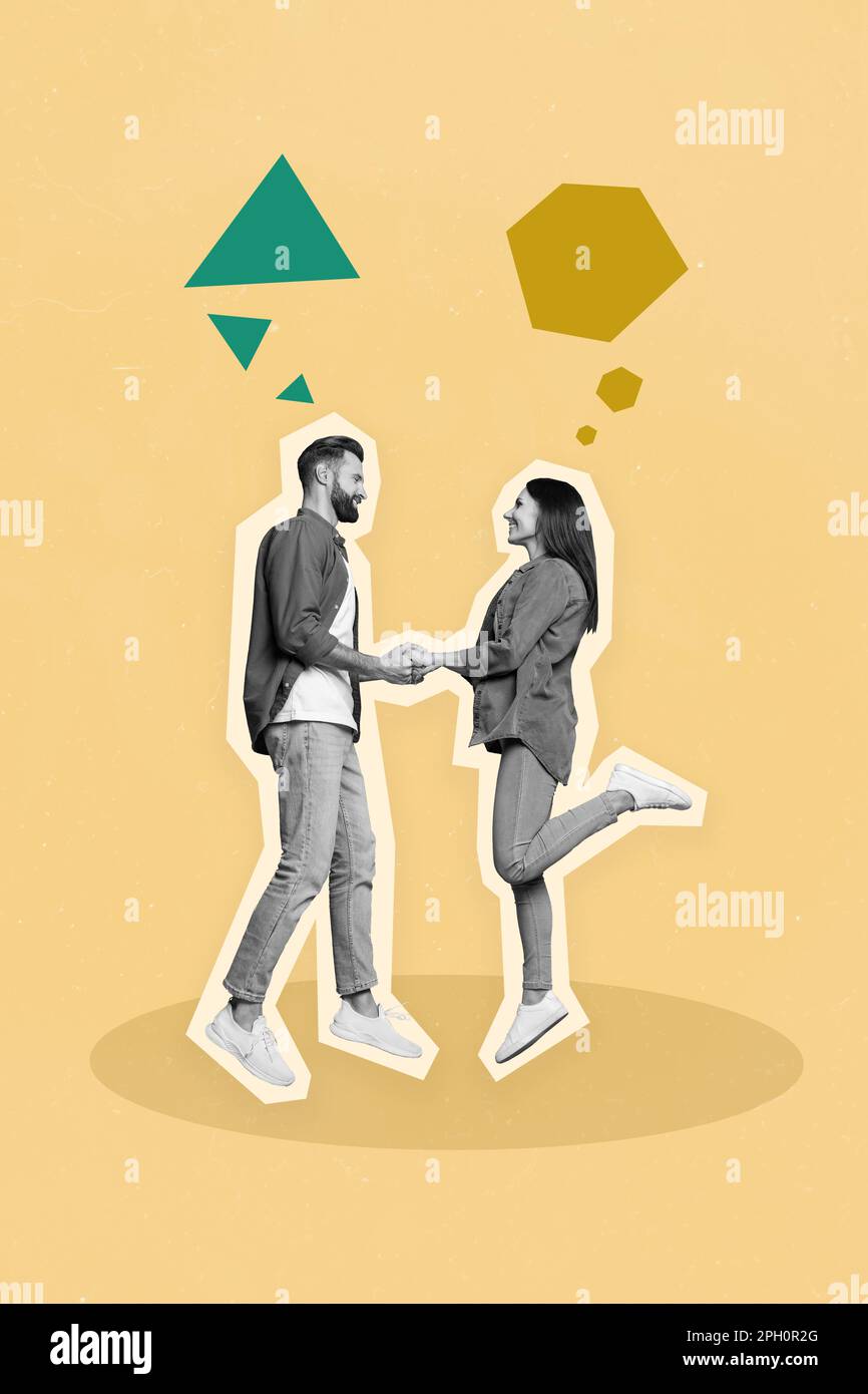 Vertical photo collage of two charming people just met first date hold ...