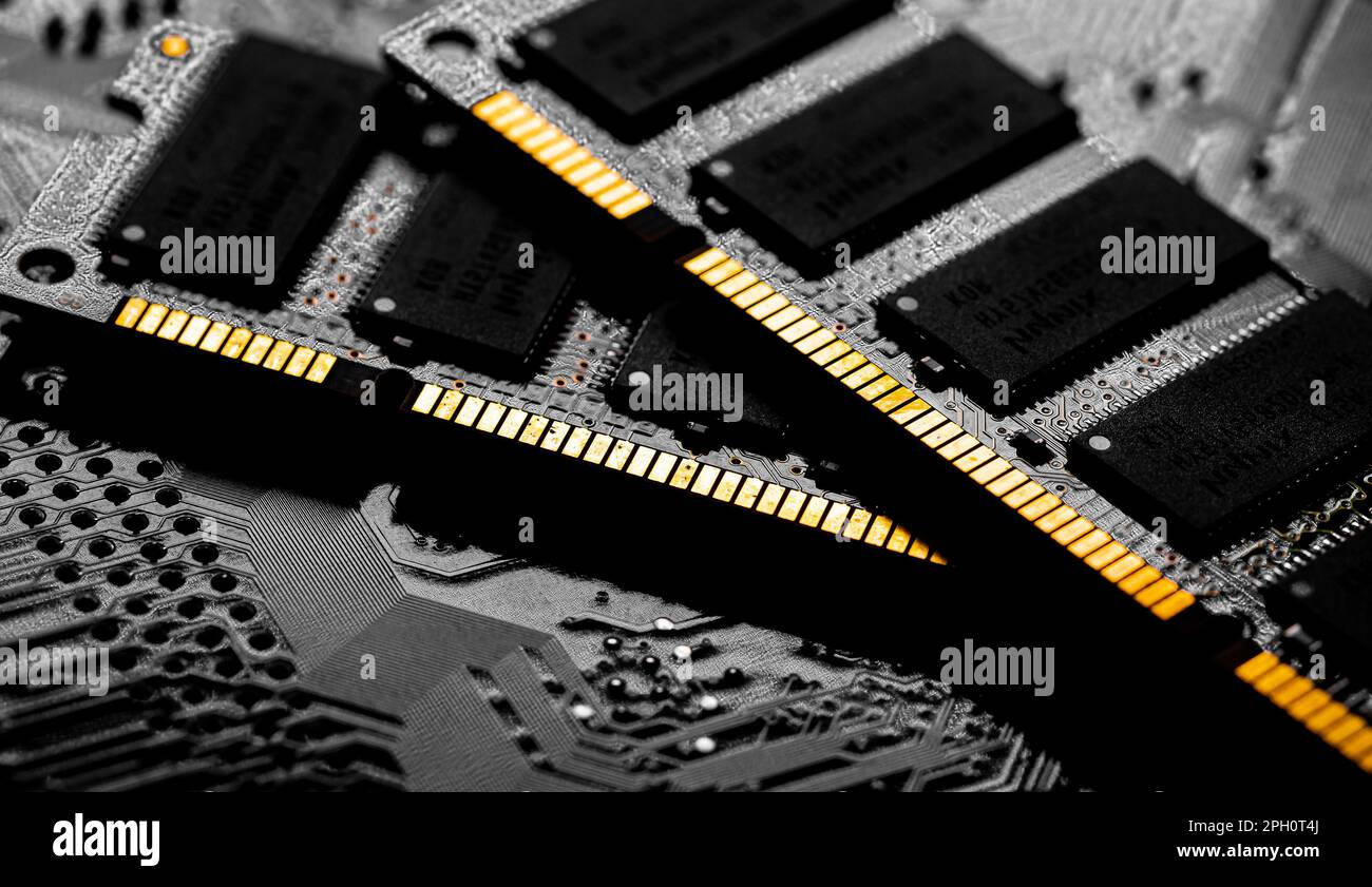 Macro Close Up Of Computer Ram Chip Random Access Memory Chip Slot For