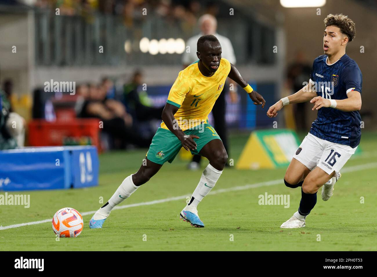 Jeremy Sarmiento of Ecuador competes for the ball with Awer Mabil of ...