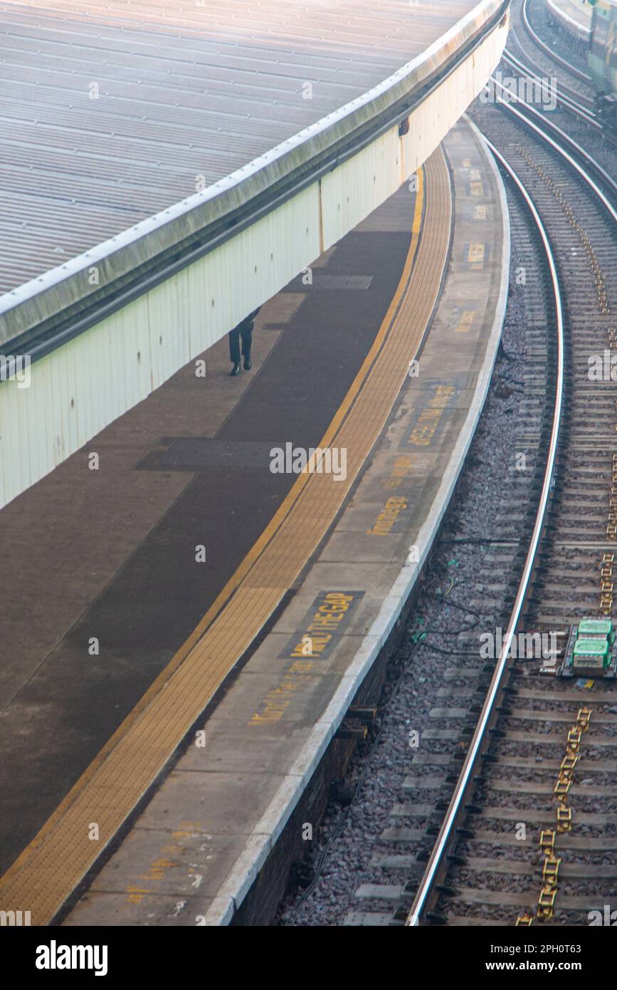 An empty train platform on a foggy day Stock Photo - Alamy