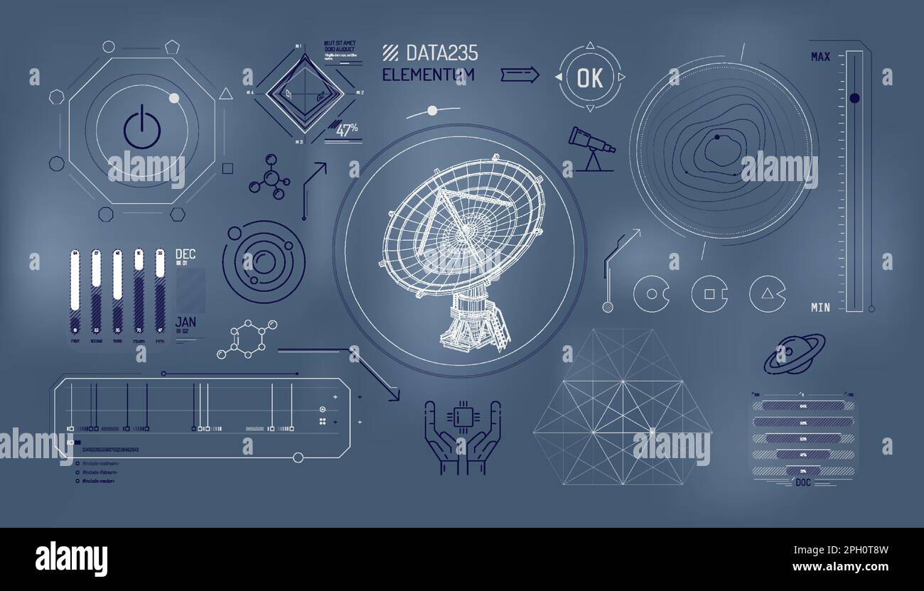 Set of infographic elements about radio astronomy and space observation ...