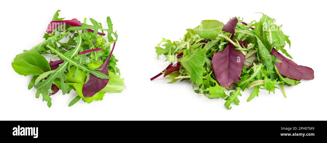 Mix of different salads isolated on white background. Top view. Flat ...