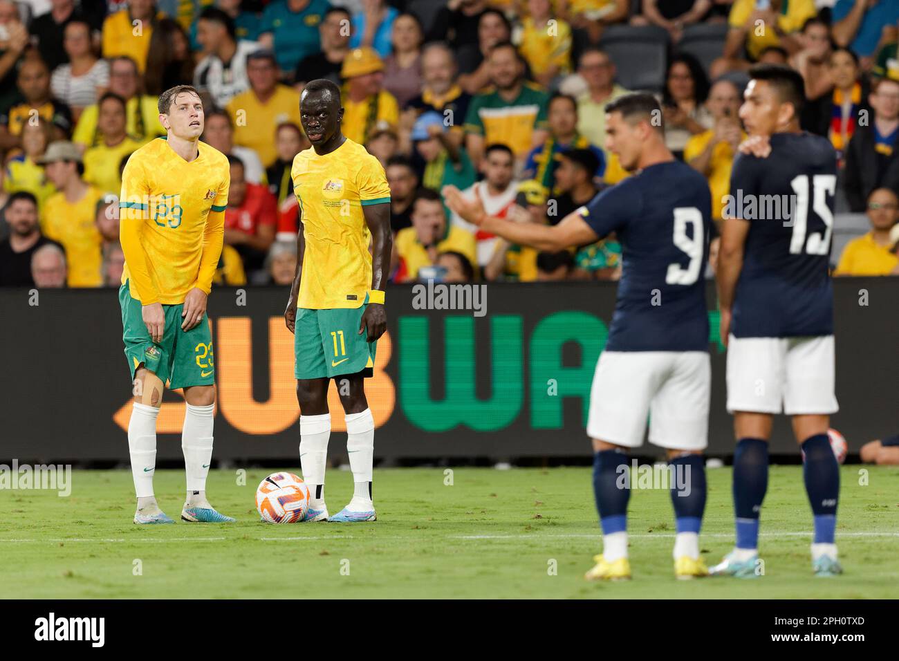 Awer Mabil of Australia prepares to kick a penalty during the match ...
