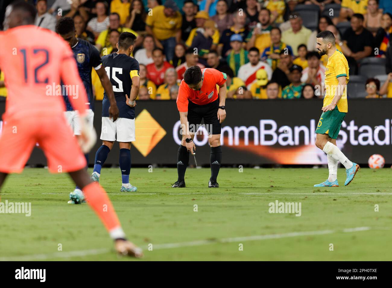 Referee, KIM Dae Yong marks a line for a penalty kick during the match ...