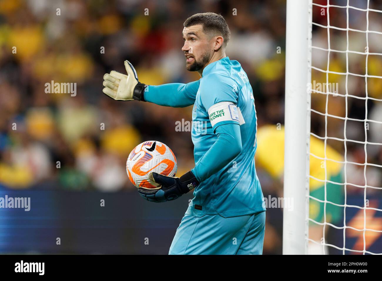 Mathew Ryan of Australia communicates to his team mates during the ...