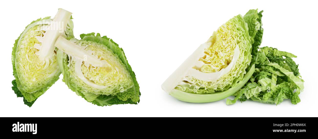 Savoy cabbage slices isolated on white background with full depth of field. Top view. Flat lay ...