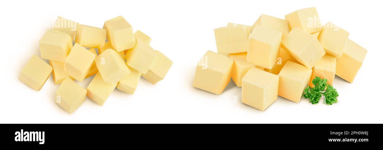 butter cubes isolated on white background with full depth of field. Top ...