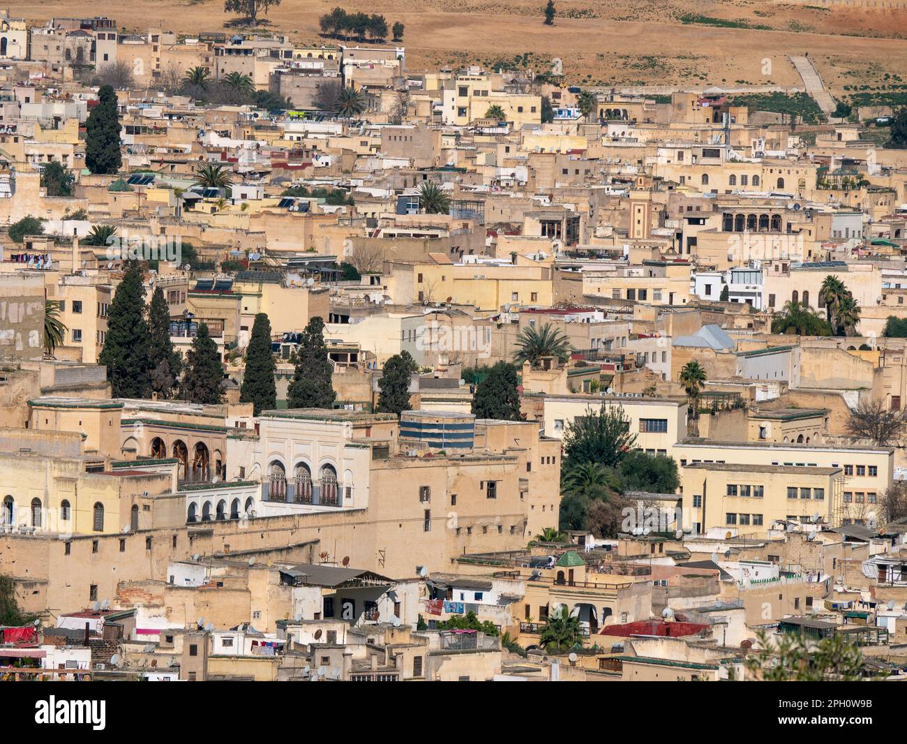 Views of the Old Medina of Fez and its dense city scape seen from a ...