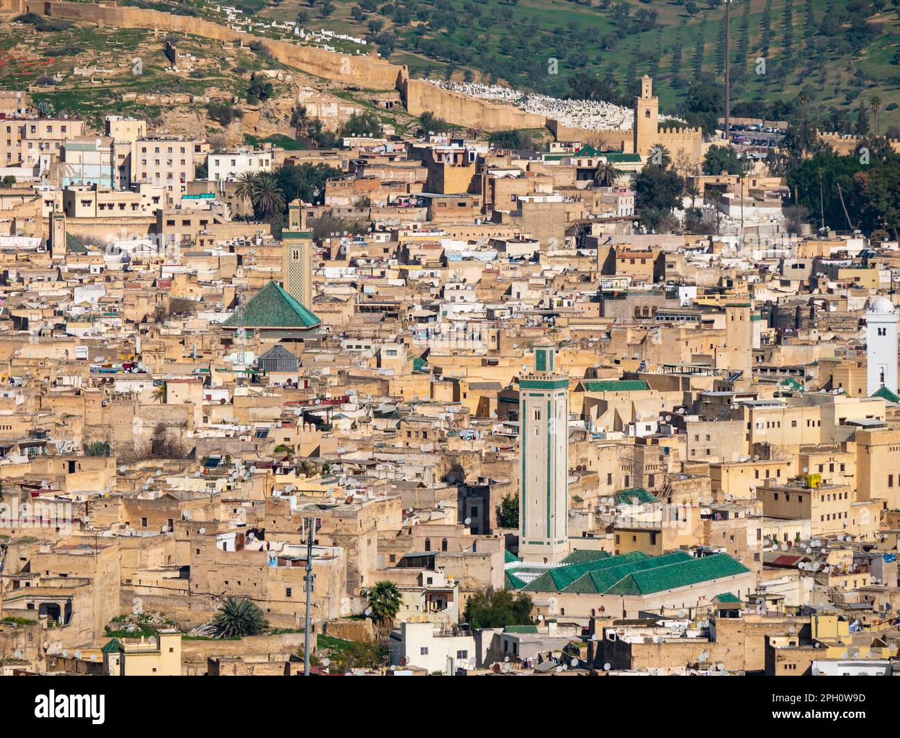 Views of the Old Medina of Fez and its dense city scape seen from a ...