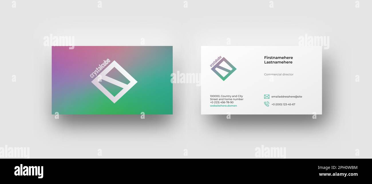 Modern business card top view mockup with square logo and blue green ...