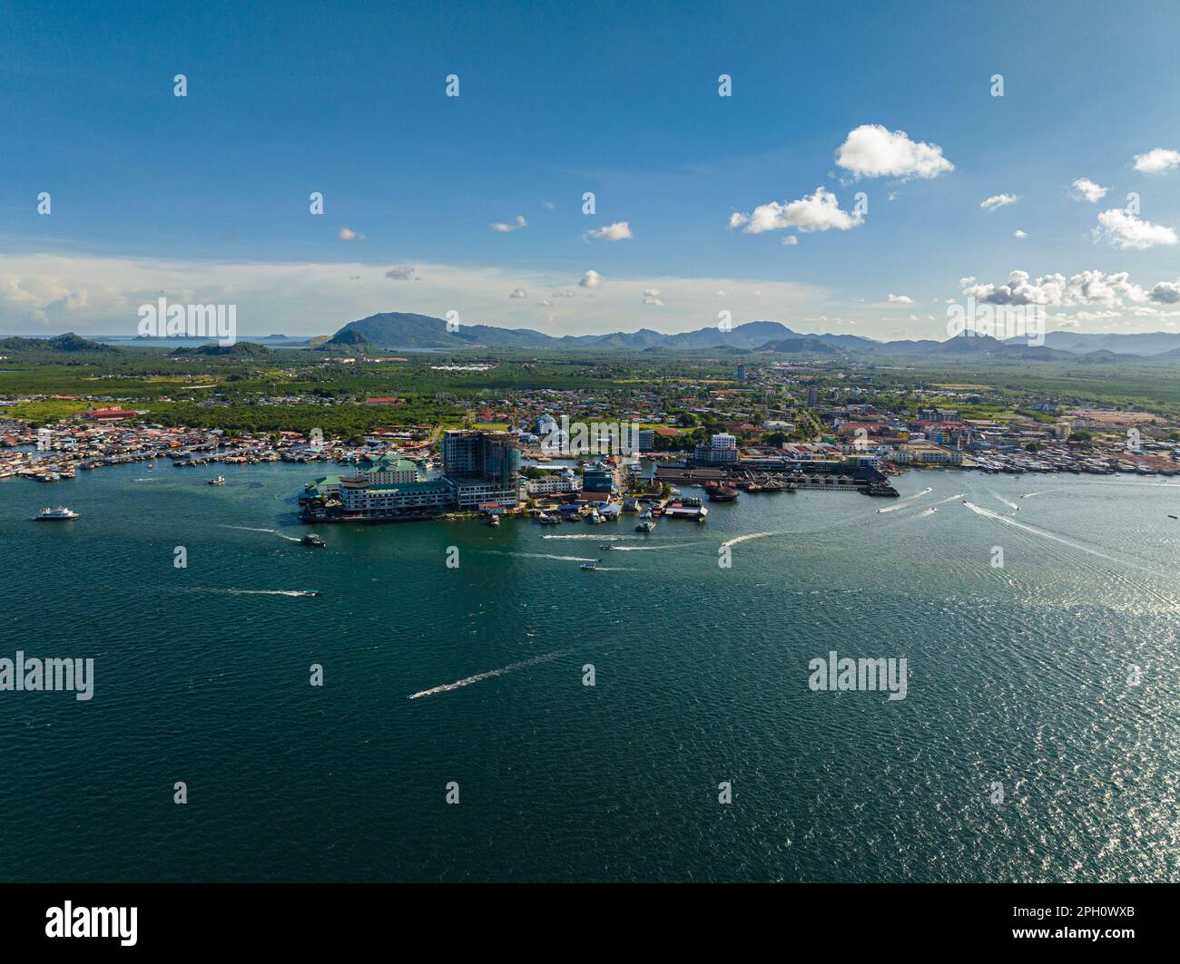 The town of Semporna with residential areas and a port. Borneo, Sabah ...