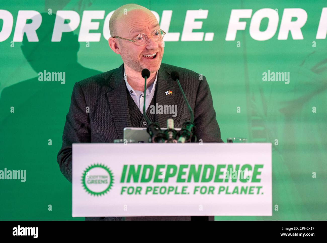 Co-leader of the Scottish Green Party Patrick Harvie delivers his ...