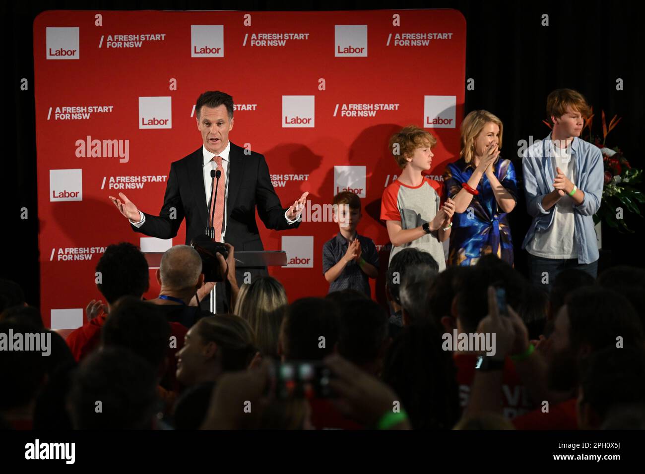 Labor leader and Premier elect Chris Minns with his wife Anna and sons ...
